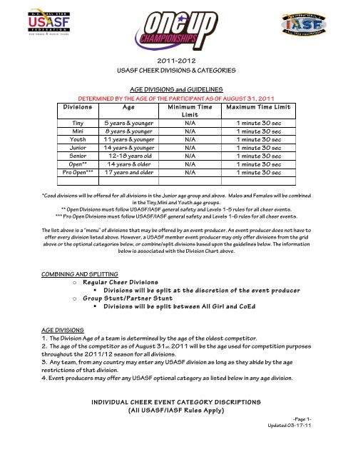 2011-2012 USASF CHEER DIVISIONS & CATEGORIES ... - One Up