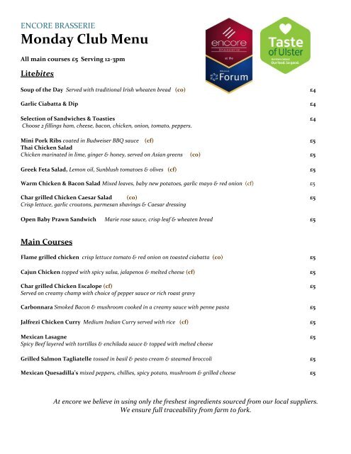 Monday Club Menu - Millennium Forum