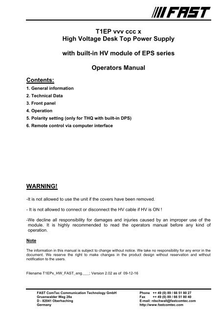 T1EP vvv ccc x High Voltage Desk Top Power ... - FAST Comtec