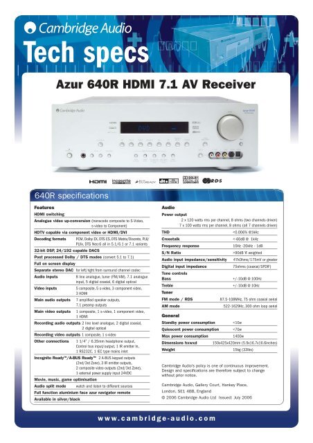 Azur 640R Technical Specifications - Cambridge Audio