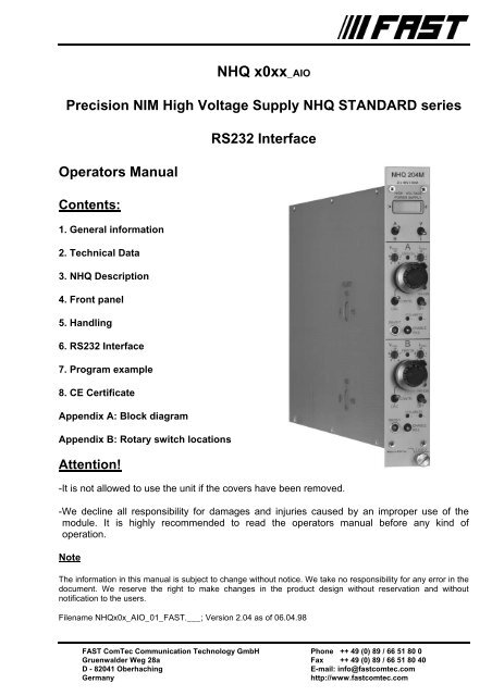 for the precision high voltage power supplies of the ... - FAST Comtec