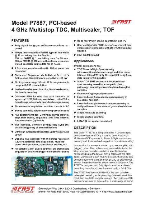 Model P7887, Pci-based 4 Ghz Multistop TDC ... - FAST Comtec