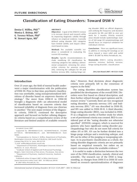 Classification of eating disorders: Toward DSM‐V