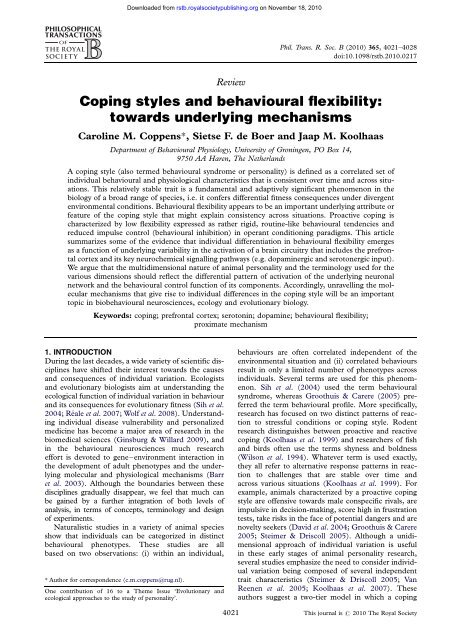 Coping styles and behavioural flexibility: towards underlying ...