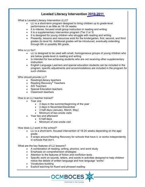 Leveled Literacy Intervention 2010-2011 - OCM Boces