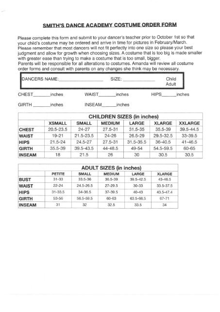 Costume Order Form - Smithdanceacademy.com