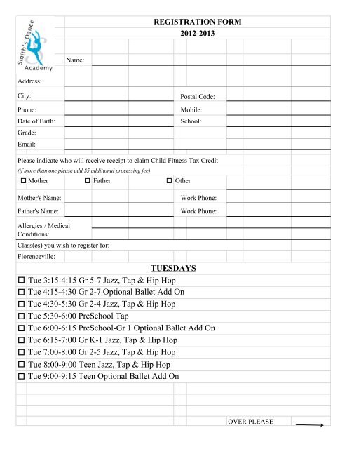 Registration Form - Smith's Dance Academy