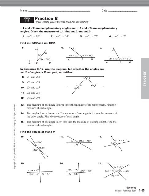 Practice B w.: Angle Pair relationships Practice B w.: Angle Pair relationships