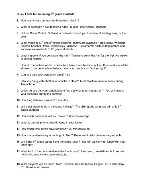 Quick Facts for incoming 6th grade students