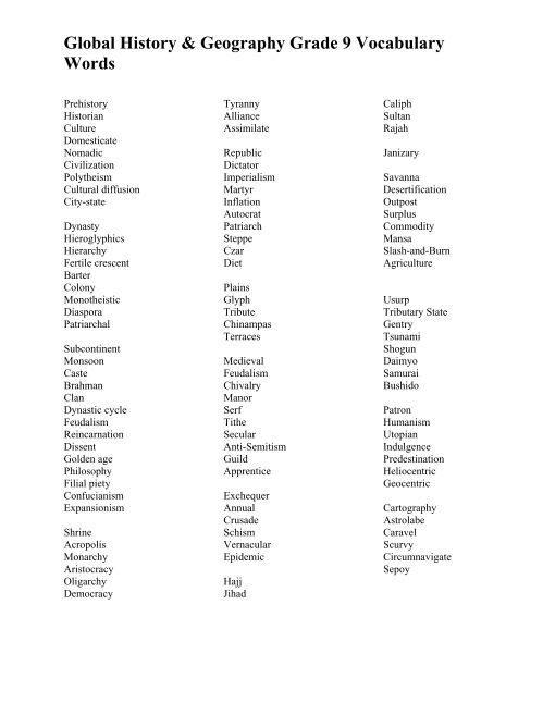 Global History & Geography Grade 9 Vocabulary Words