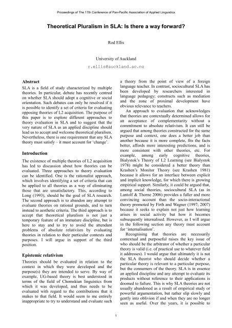 Theoretical Pluralism in SLA: Is there a way forward? - PAAL Japan