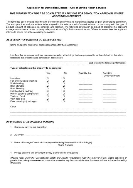 Asbestos Assessment Form Revised 2013 - City of Stirling