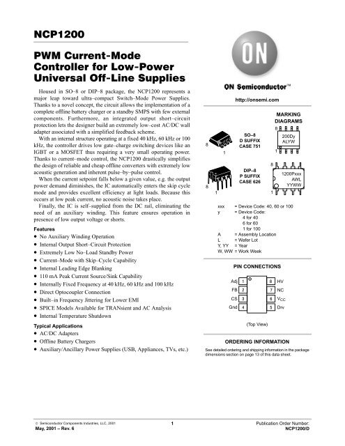 NCP1200 PWM Current-Mode Controller for Low-Power Universal ...