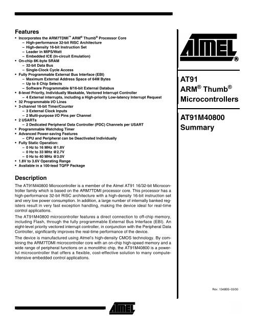 AT91M40800 Summary AT91 ARM Thumb MCUS