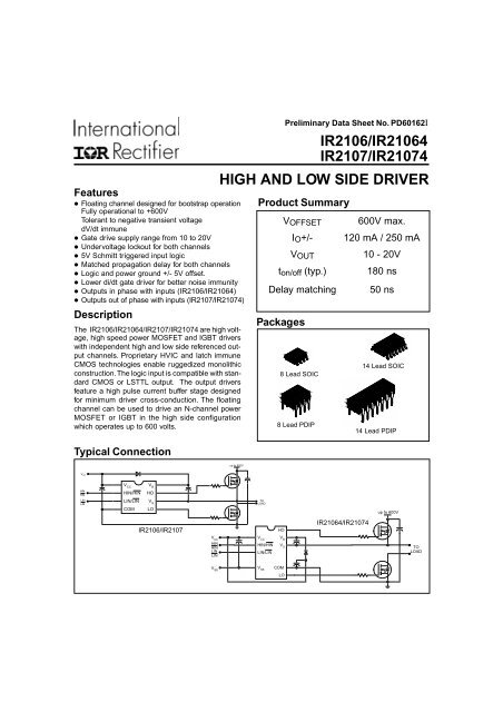 HIGH AND LOW SIDE DRIVER IR2106/IR21064 IR2107/IR21074
