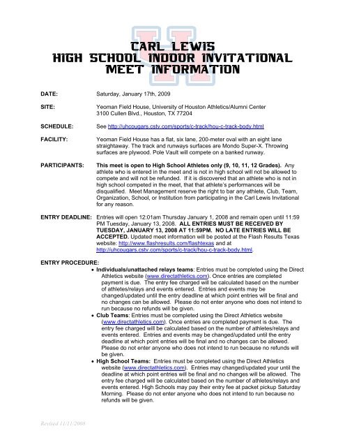 Carl Lewis High School Indoor Invitational Meet Information