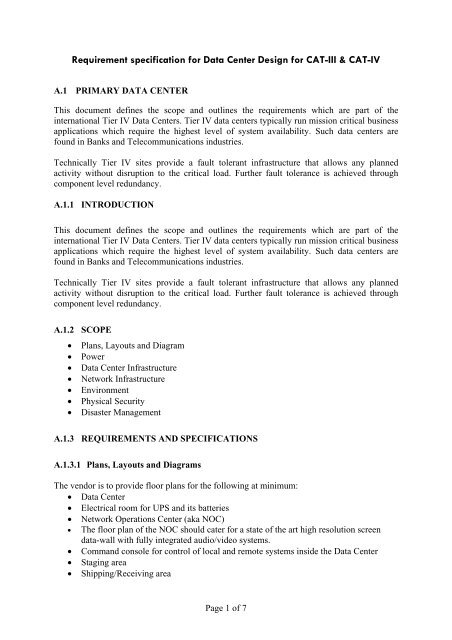 Requirement specification for Data Center Design for CAT-III & CAT-IV