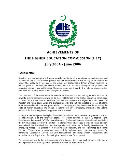 ACHIEVEMENTS OF THE HIGHER EDUCATION COMMISSION (HEC)