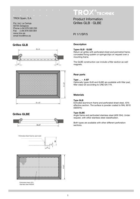 Product Information Grilles GLB · GLBE - Trox