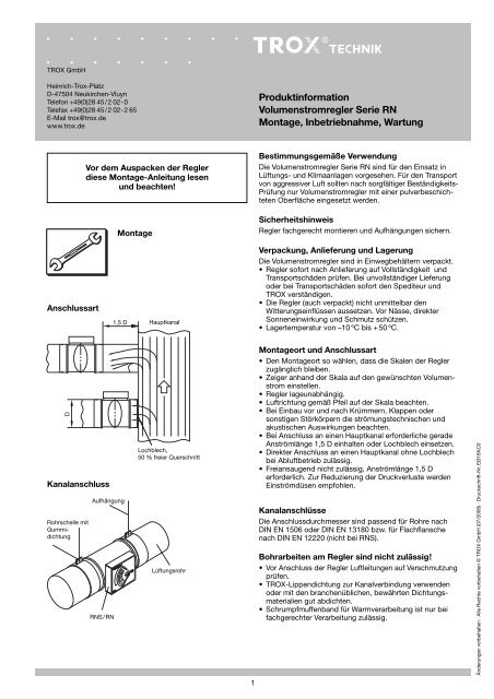 Produktinformation Volumenstromregler Serie RN Montage ... - Trox