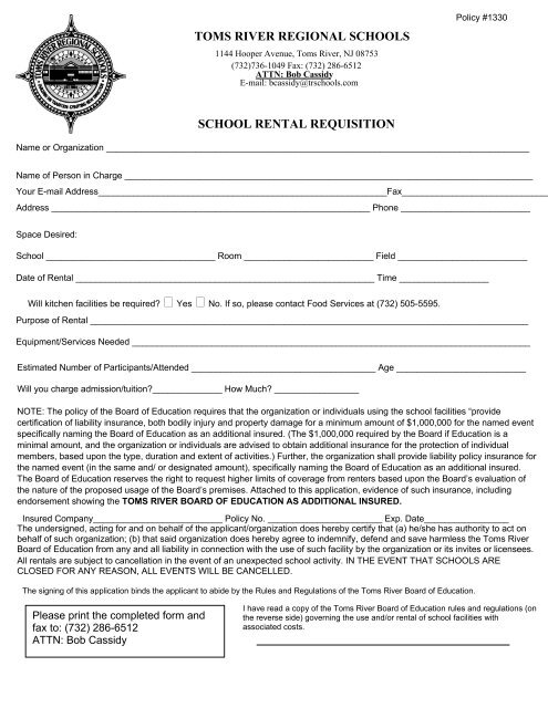 Rental Requisition Form - Toms River Regional Schools