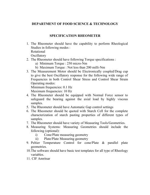 SPECIFICATION RHEOMETER - Guru Nanak Dev University