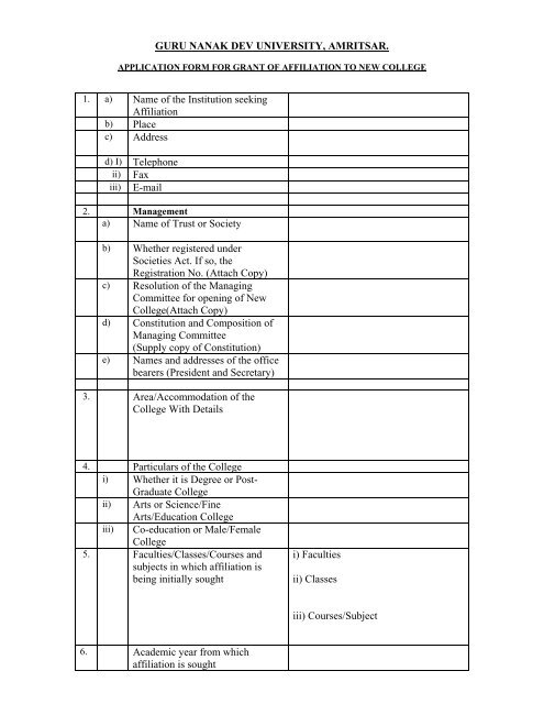 Application Form For Grant Of Affiliation To New College