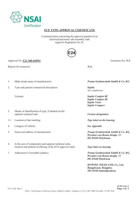 ECE TYPE-APPROVAL CERTIFICATE - Truma