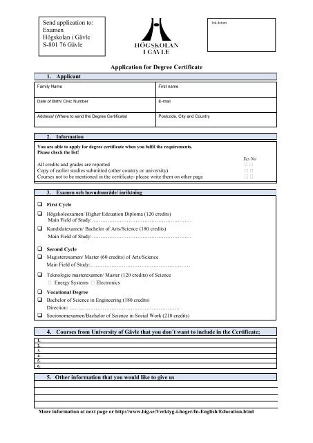 Application for Degree Certificate - HÃ¶gskolan i GÃ¤vle
