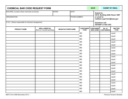 CHEMICAL BAR CODE REQUEST FORM - NASA