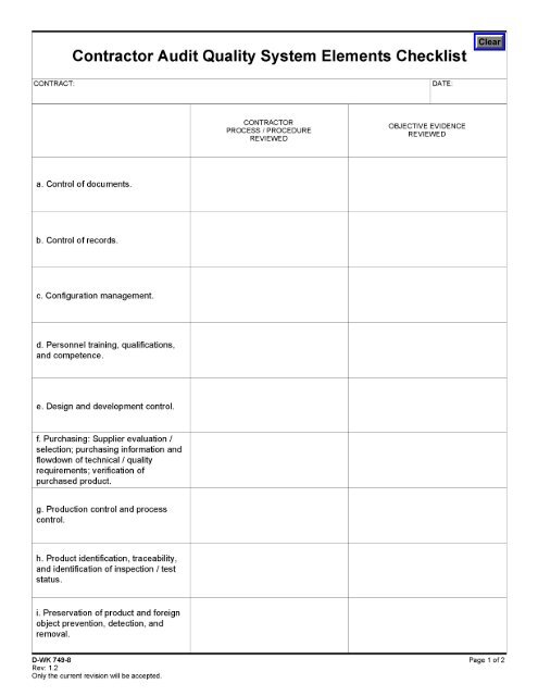 Contractor Audit Quality System Elements Checklist - NASA