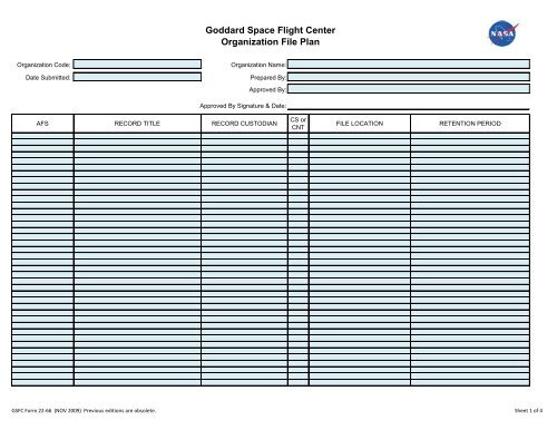 Goddard Space Flight Center Organization File Plan - NASA