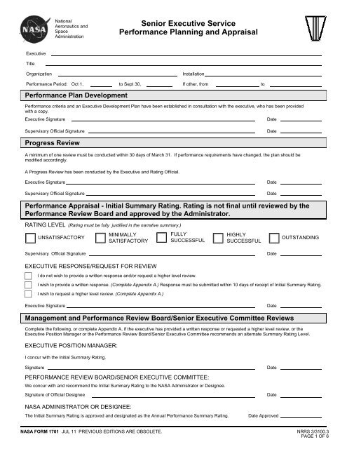 Senior Executive Service Performance Planning and Appraisal - Nasa