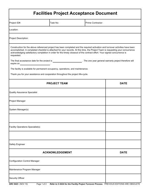 Facilities Project Acceptance Document - Nasa