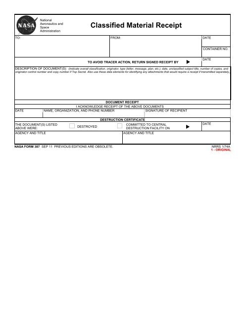 Classified Material Receipt - NASA