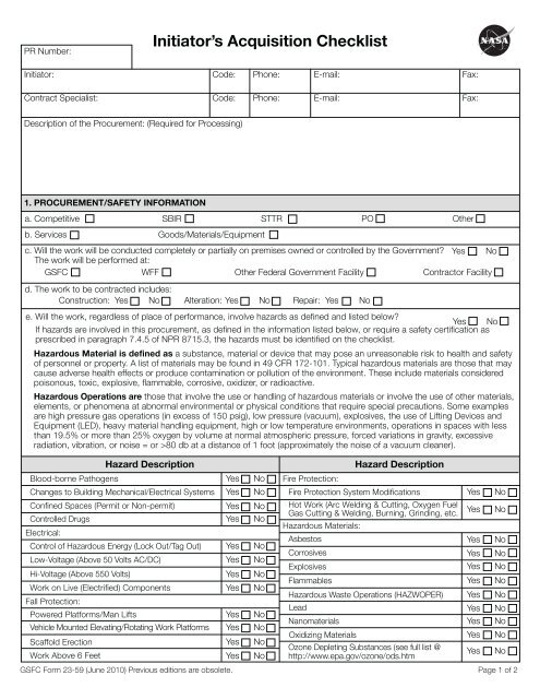 Initiator's Acquisition Checklist - NASA