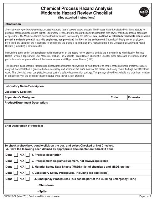Chemical Process Hazard Analysis Moderate Hazard ... - Nasa