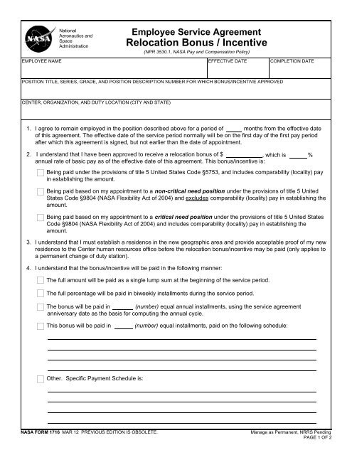 Employee Service Agreement Relocation Bonus / Incentive - NASA