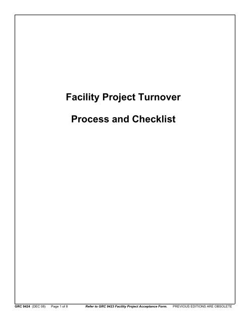 Facility Project Turnover Process and Checklist - Nasa