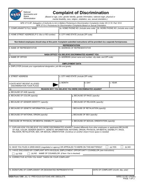 NF1355-Complaint of Discrimination - Nasa