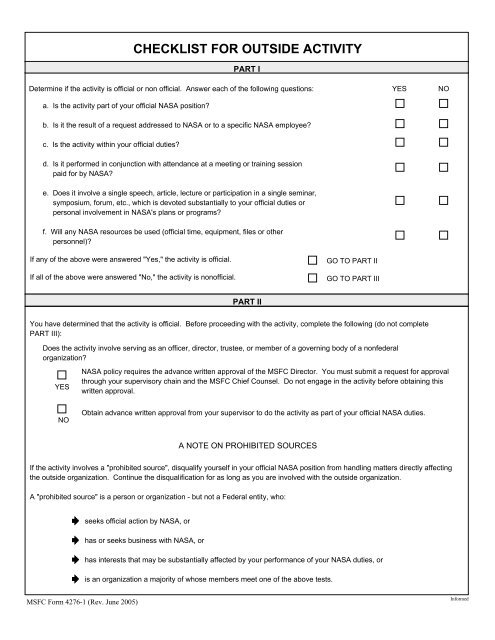 CHECKLIST FOR OUTSIDE ACTIVITY - Nasa