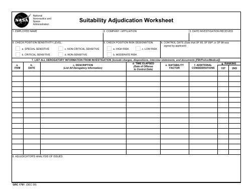 Suitability Adjudication Worksheet - Nasa