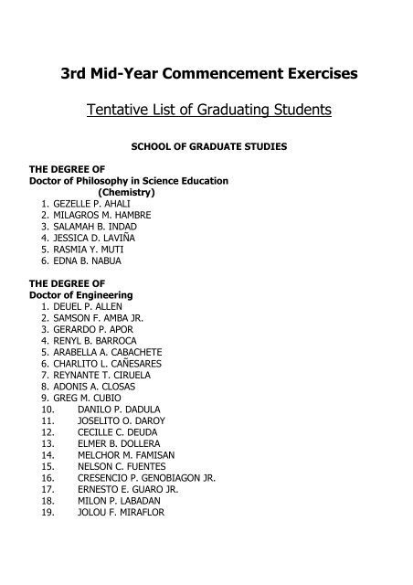 3rd Mid-Year Commencement Exercises Tentative List of ...