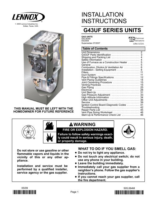 INSTALLATION INSTRUCTIONS - Lennox