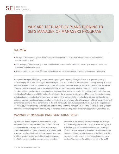 Why are Taft-Hartley Plans Turning to SEI's Manager of Managers ...