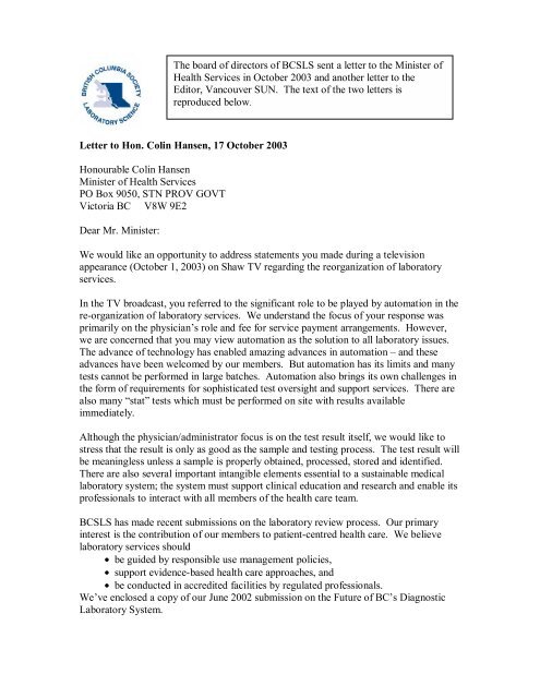 BCSLS letters - the British Columbia Society of Laboratory Science