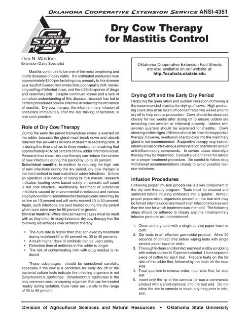 Dry Cow Therapy for Mastitis Control - OSU Fact Sheets - Oklahoma ...