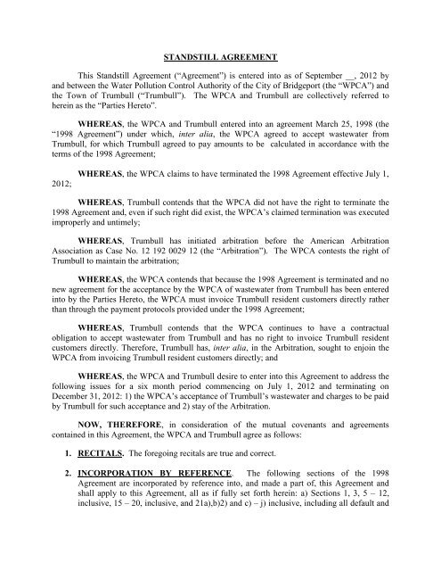 Trumbull-Bridgeport WPCA Standstill Agreement