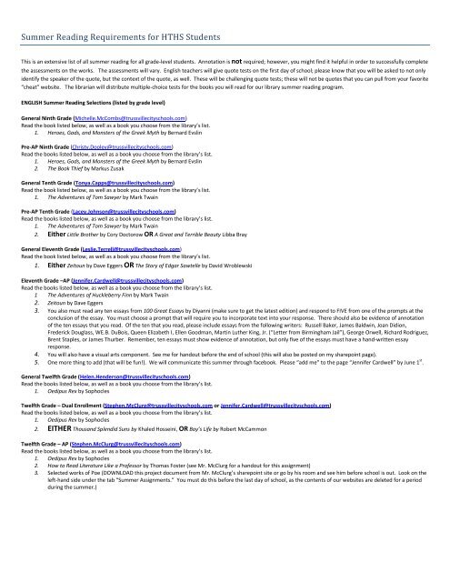 Summer Reading Requirements for HTHS Students - Trussville City ...