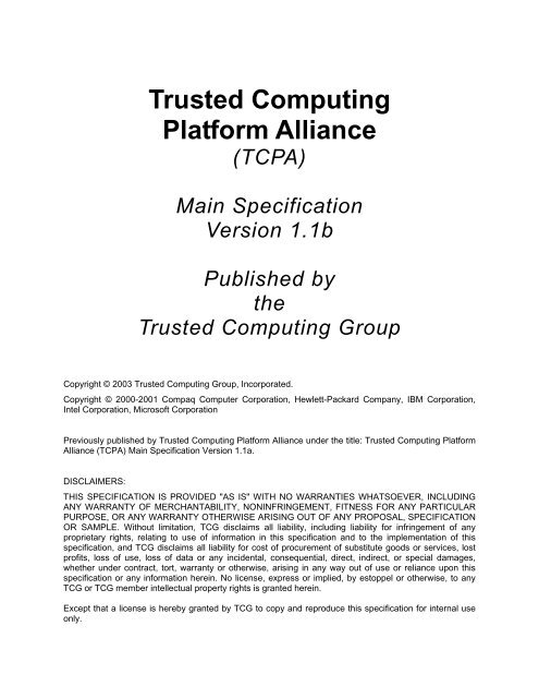 TCPA Main Specification Version 1.1b - Trusted Computing Group